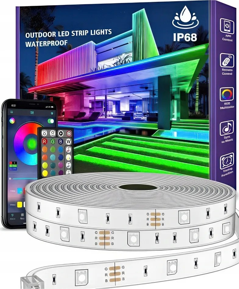 Led pásek Rgb 30 m IP68 vodotěsný pro venkovní použití s dálkovým ovládáním a Bluetooth