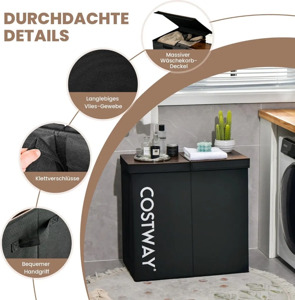 Costway 115 L 2 přihrádky koš na prádlo z netkané textilie s víkem a držadly