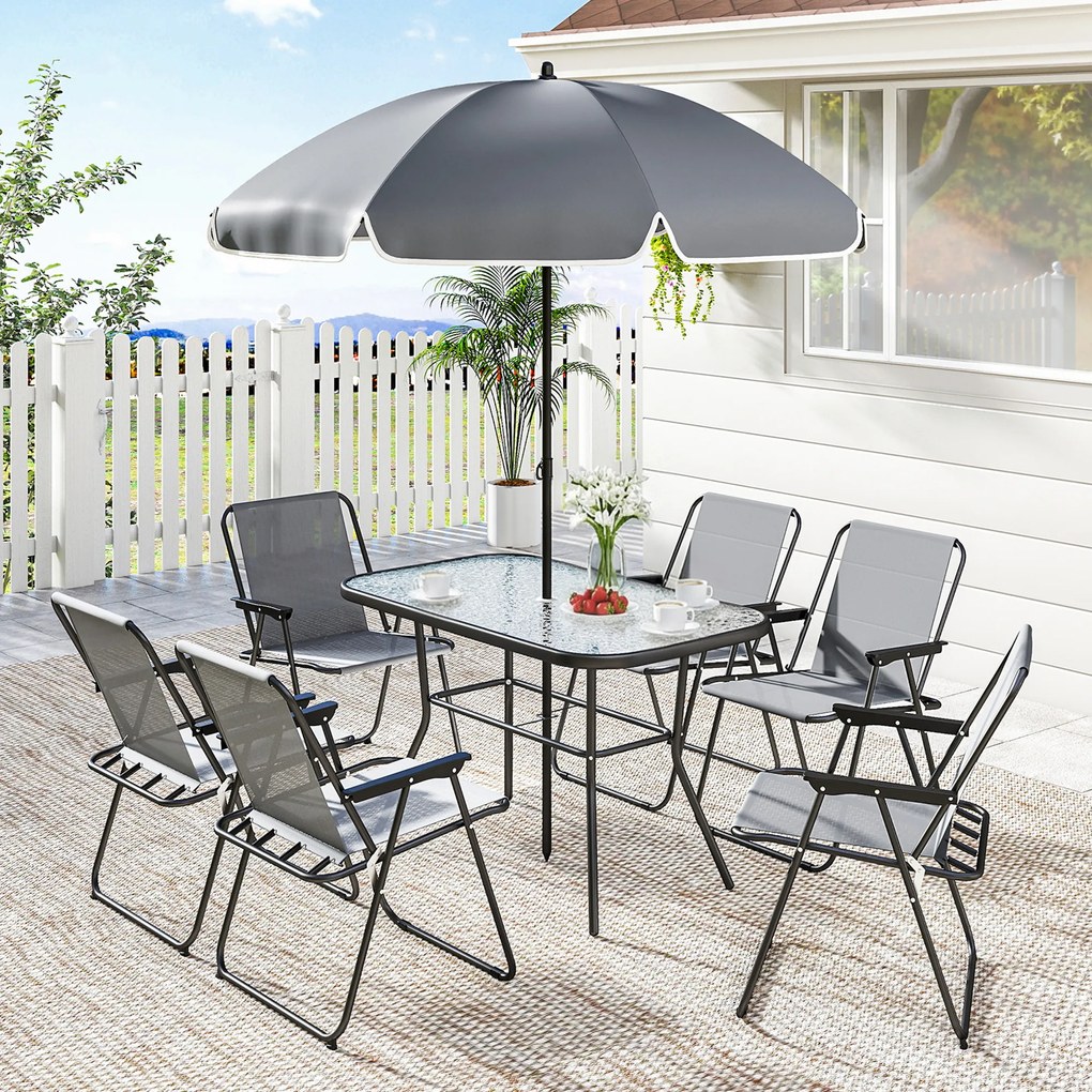 Outsunny Sada zahradního nábytku sedací souprava 119 x 68 cm skleněný stůl se 6 skládacími židlemi slunečník vzor vodní vlna šedá