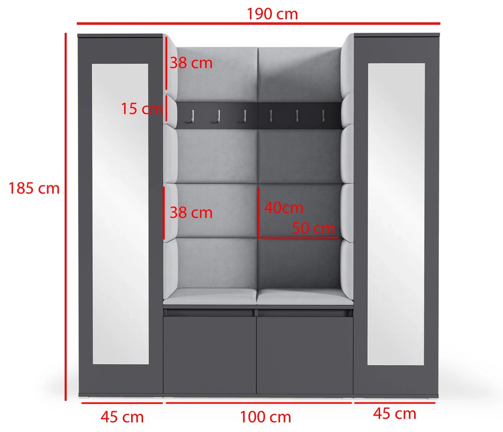 Eka Předsíňová stěna s čalouněnými panely Trinity 31 - Grafit / Azurová 2313