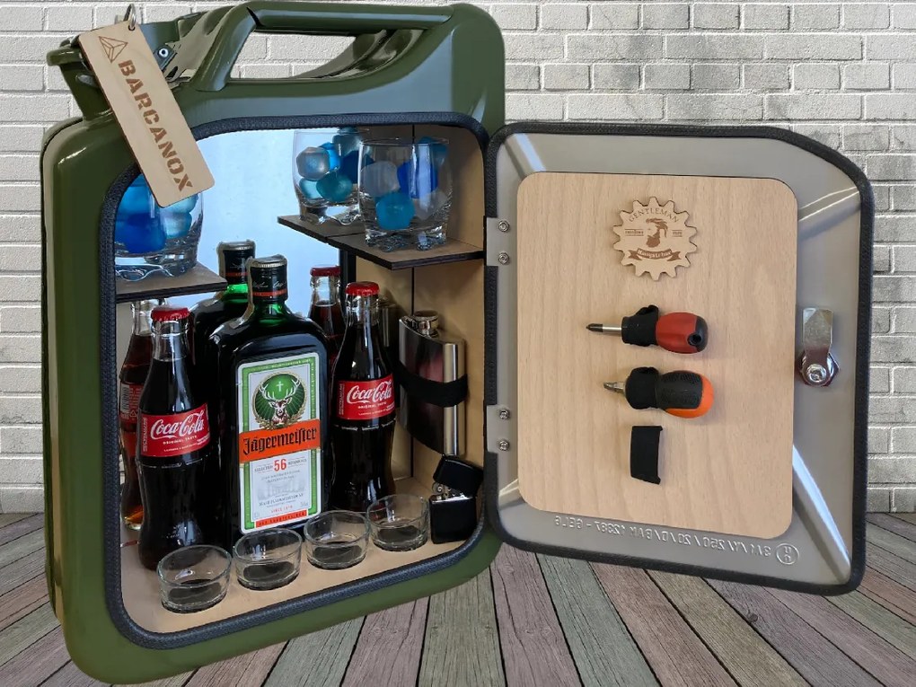 Kanystr bar KHAKI speciál se zrcadlem – barová skříňka a originální dárek pro muže
