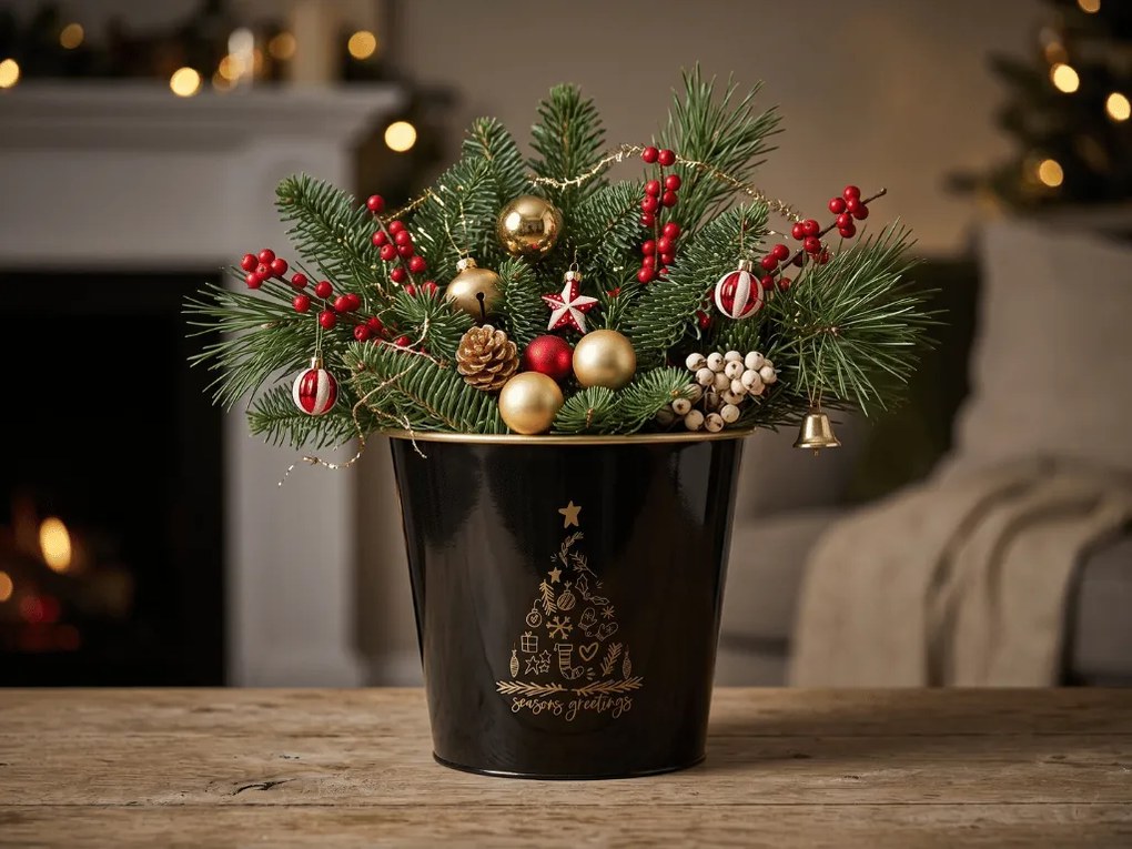 Vánoční květináč SEASONS GREETINGS 30 cm, černá / zlatá