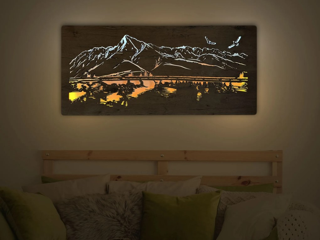 Li-Go "Hory s ptáky a jezerem" světelný obraz 230V 130x60cm provedení povrchu: dub světlý