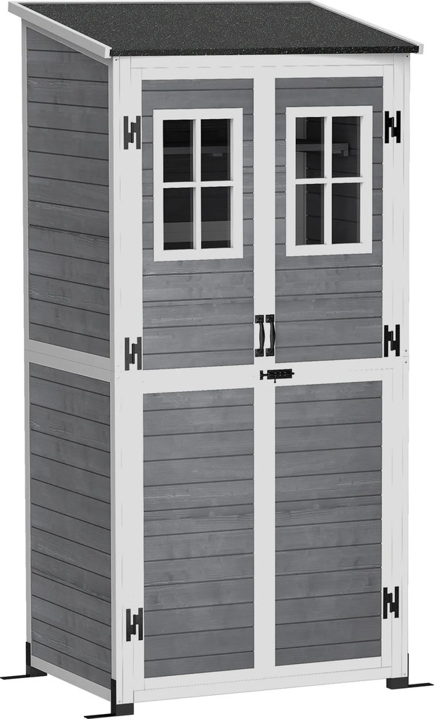 Zahradní kůlna, kůlna na nářadí se 2 okny, kůly do země, asfaltová střecha, 91 x 69 x 192 cm, jedlové dřevo, světle šedá barva