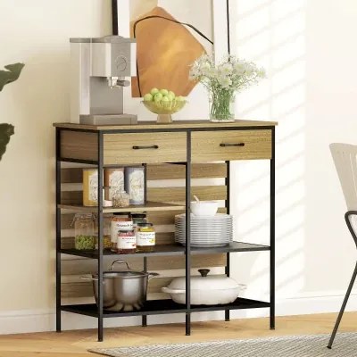 HOMCOM bufet do kuchyně, úložný nábytek se 2 zásuvkami a 3 otevřenými regály, 90 x 40 x 91 cm, přírodní dřevo a černá