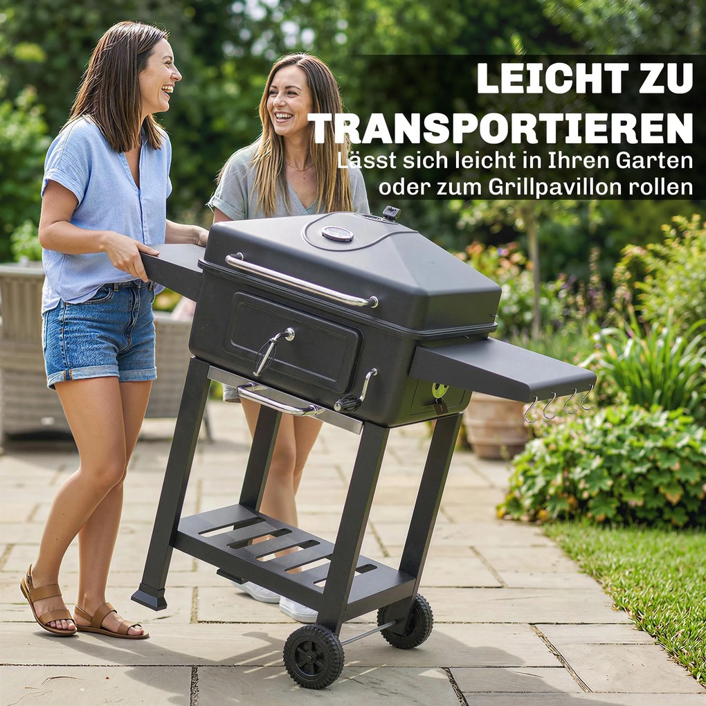 Outsunny Gril na dřevěné uhlí BBQ udírna s víkem Teploměr Výškově nastavitelná pánev na dřevěné uhlí Grilovací rošt Boční stolek Popelník