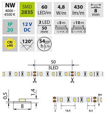 LED pásek McLED 12V neutrální bílá CRI90 š=8mm IP20 4,8W/m 60LED/m SMD2835 ML-121.830.60.2