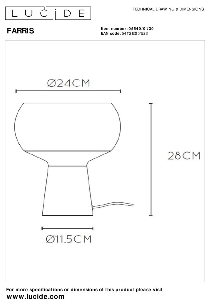 Lucide 05540/01/30 stolní lampa Farris, černá, E27, 28cm