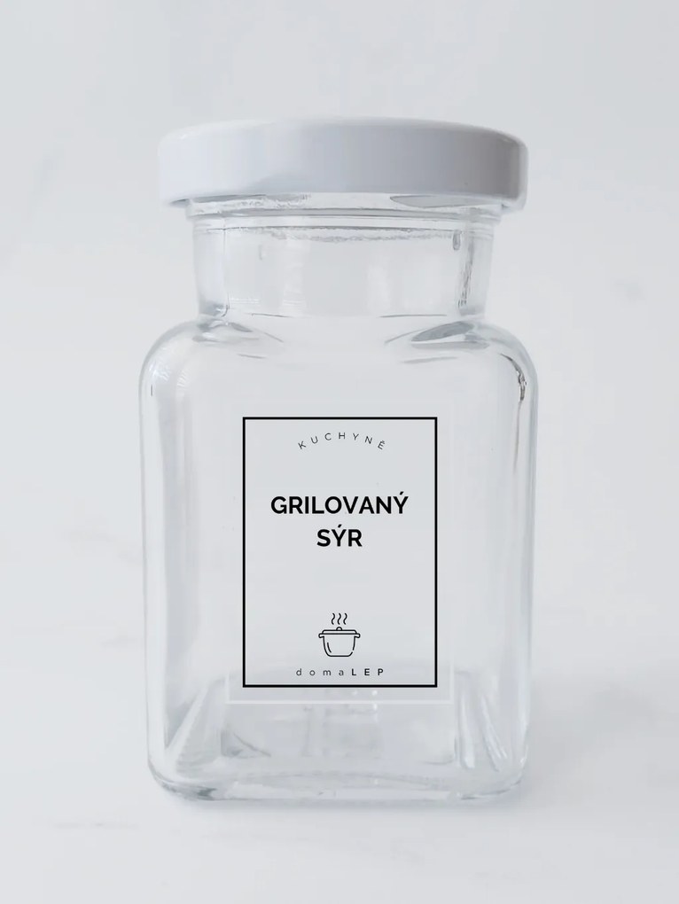 Samolepka na kořenky GRILOVANÝ SÝR průhledná 3 × 4 cm tučné písmo
