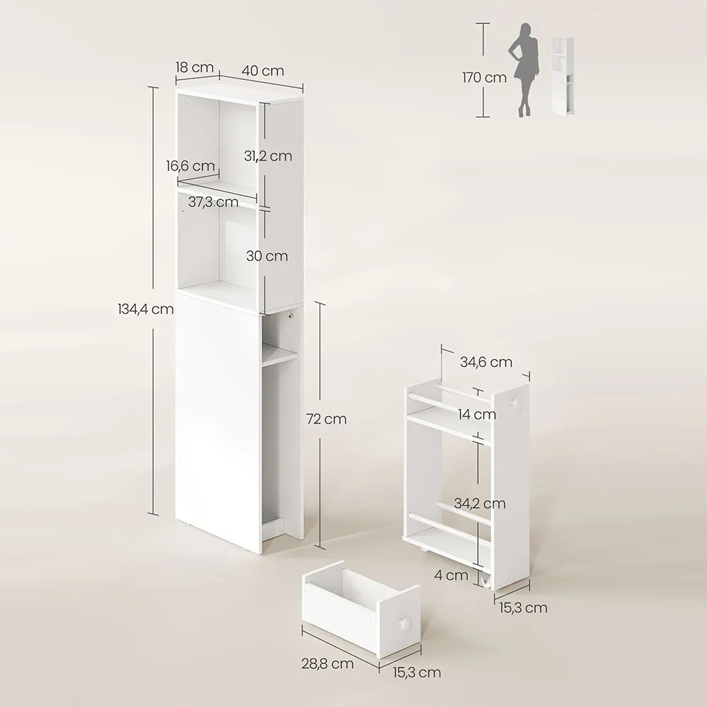 Výsuvná koupelnová skříňka se 2 bočními policemi 134.4x40x18 cm