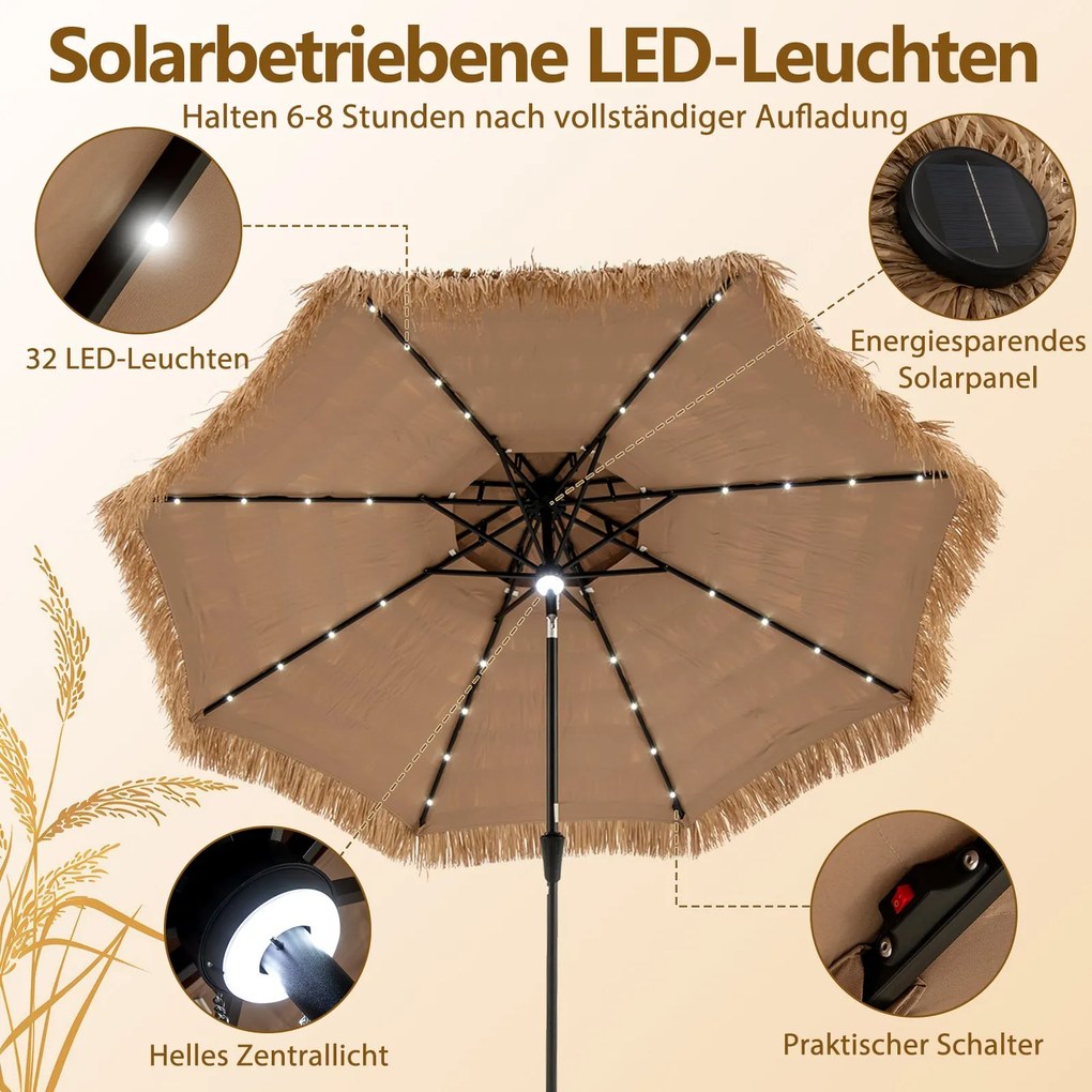 Costway Havajský slunečník 300 cm s 32 LED osvětlením z rýžové slámy s funkcí