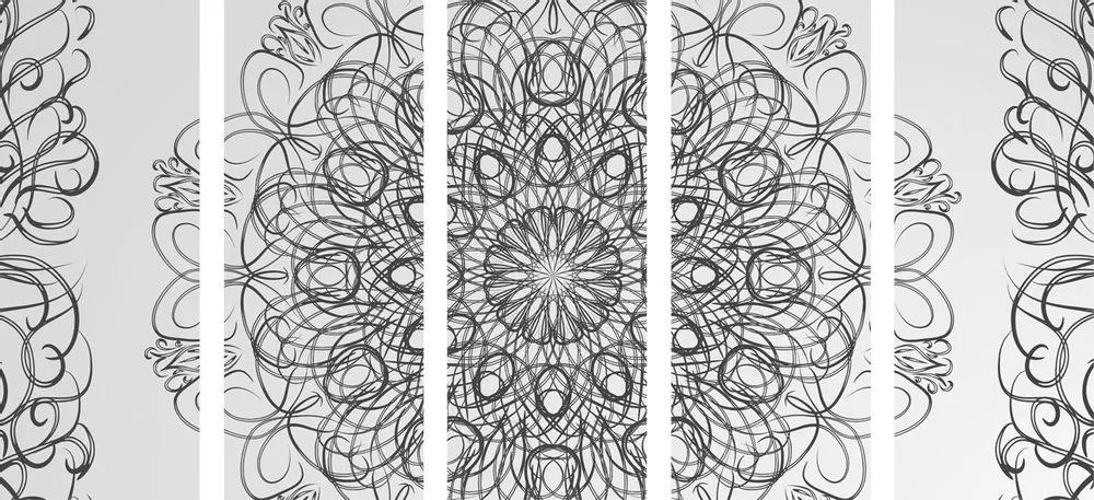 5-dílný obraz abstraktní květinová Mandala v černobílém provedení - 100x50 cm