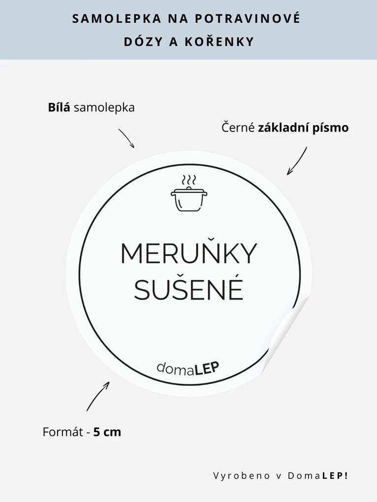 MERUŇKY SUŠENÉ – bílá samolepka na dózu, základní písmo, 5 cm | DomaLEP