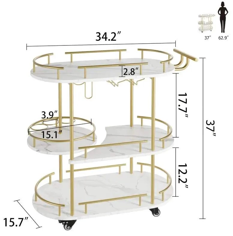 Servírovací stolek, kolečka, kov, MDF, zlatá, imitace bílého mramoru, NoBi SAFRON
