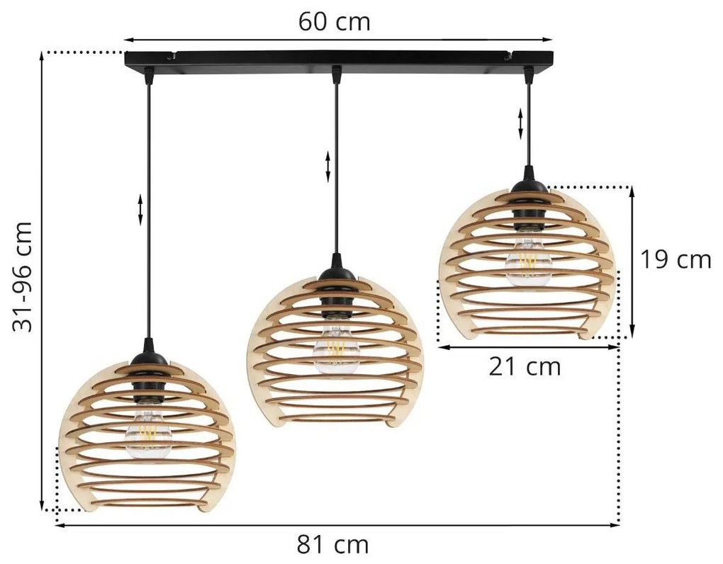 Závěsné svítidlo TIMBER, 3x dřevěné stínítko, N