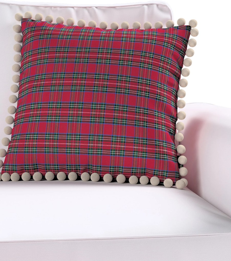 Věra - potah na polštář ozdobné bambulky po obvodu barva červená látka vzorované