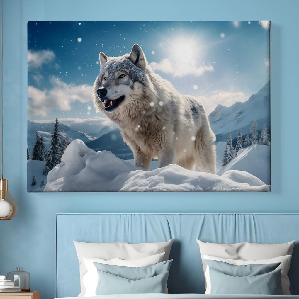 Obraz na plátně - Vlk se rozhlíží po krajině FeelHappy.cz Velikost obrazu: 120 x 80 cm