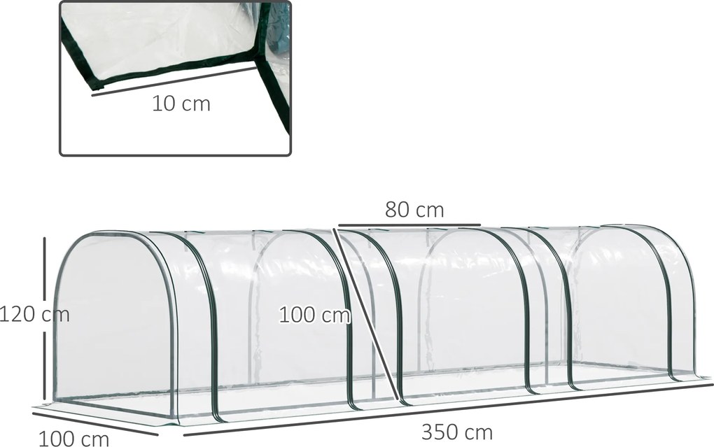 Fóliový skleník Outsunny Skleník s dveřmi 350 x 100 x 80 cm, průhledné PVC pro pěstování rostlin a chladicí rám, robustní ocelový rám, zelený | Aosom…
