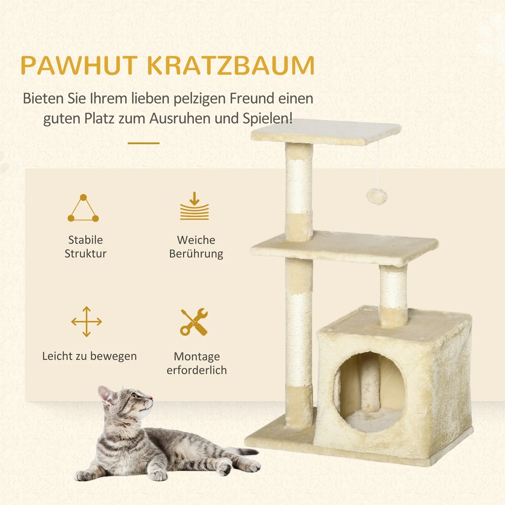 Škrabadlo PawHut se sisalem, kočičí strom s plošinami, jeskyně na spaní, škrabadlo, stáj, vnitřní kočičí domeček, 50x30x80cm