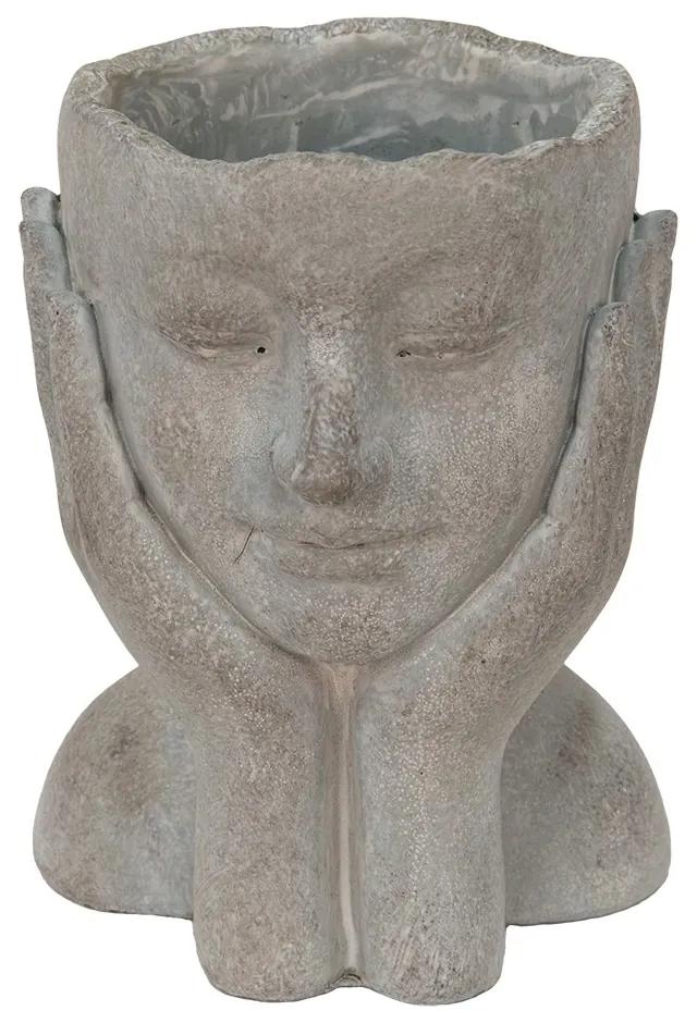 Šedý cementový květináč hlava ženy v dlaních L - 16*16*22 cm