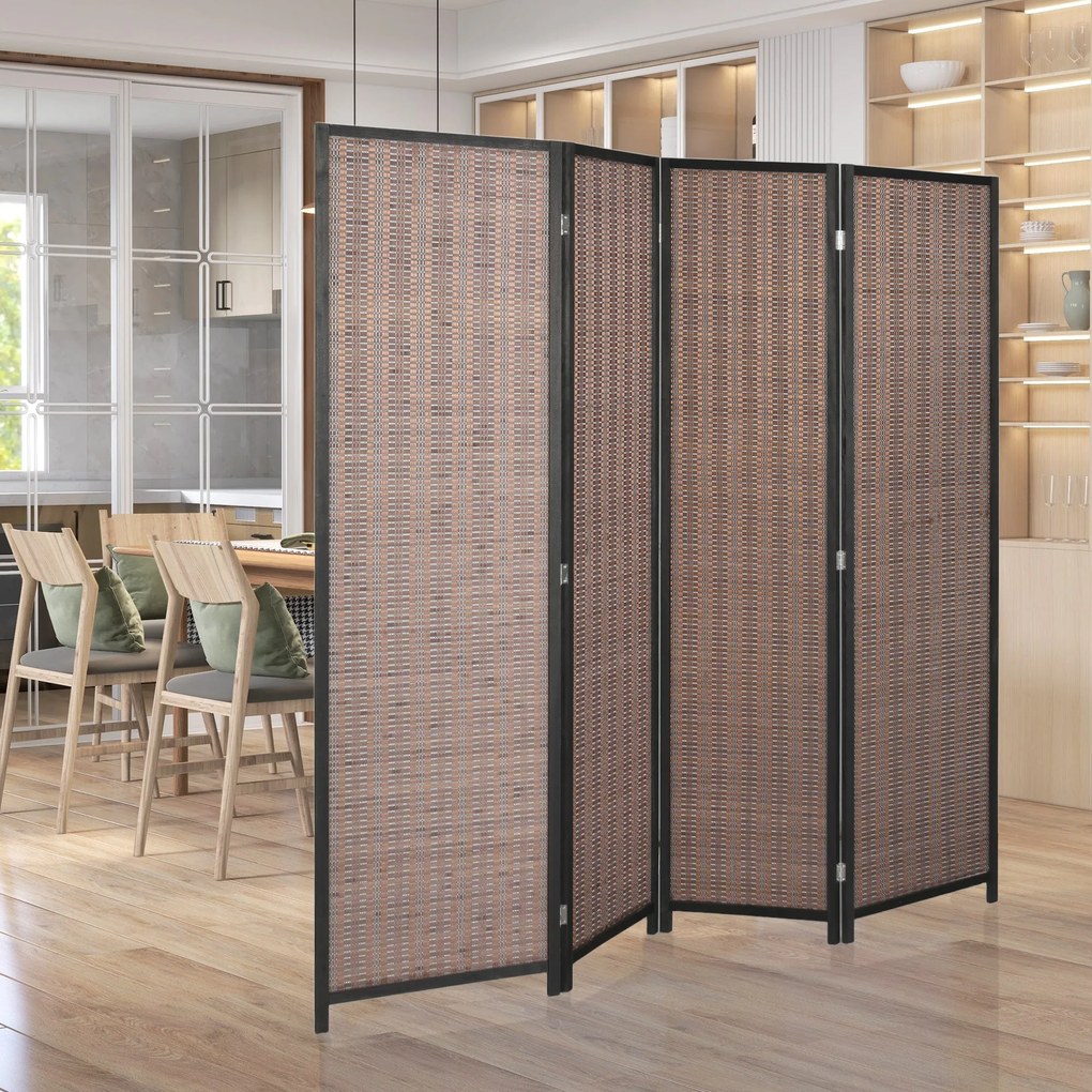 HOMCOM Dřevěný 4-panelový Předěl do Interiéru 180 x 180 cm Skládací Izolační Příčka pro Obývací Pokoj a Ložnici, Hnědá