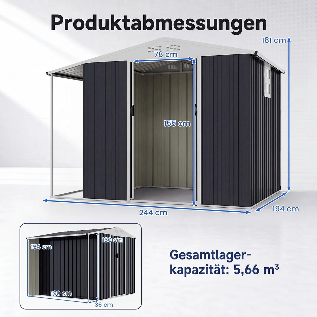 Costway Zahradní kůlna z pozinkované oceli kůlna na nářadí s 2 posuvnými dveřmi