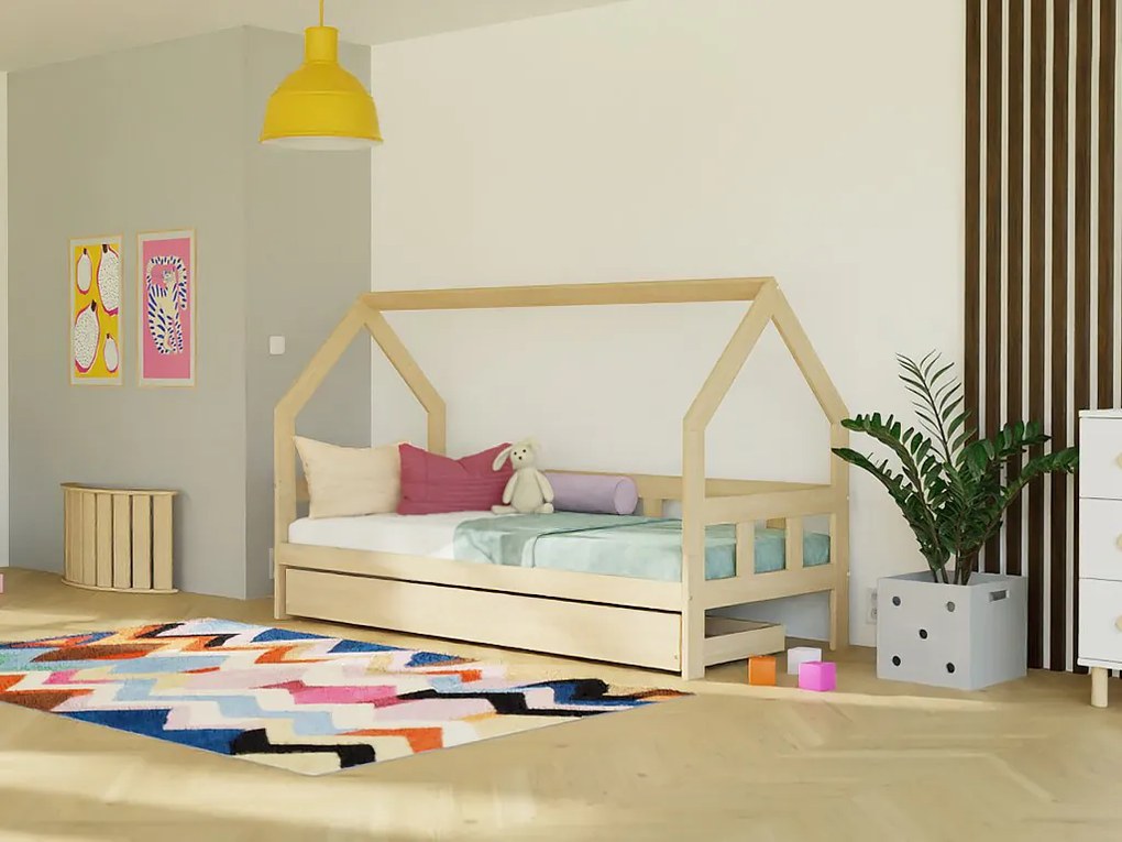 Benlemi Dětská postel domeček FENCE 2v1 ze dřeva se zábranou a úložným šuplíkem Zvolte barvu: Béžová, Zvolte rozměr: 90x180 cm, Zvolte zábranu: S otevřeným vstupem
