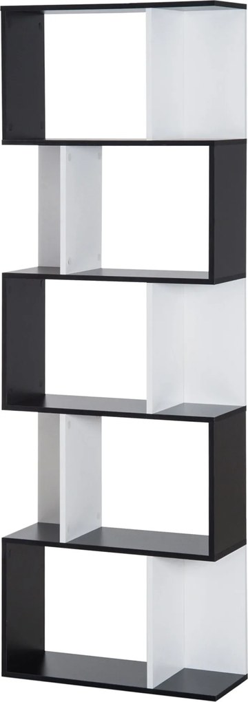 HOMCOM 5-patrová knihovna ve tvaru S, moderní design pro obývací pokoj a kancelář 60x24x184,5 cm Černá a bílá | Aosom