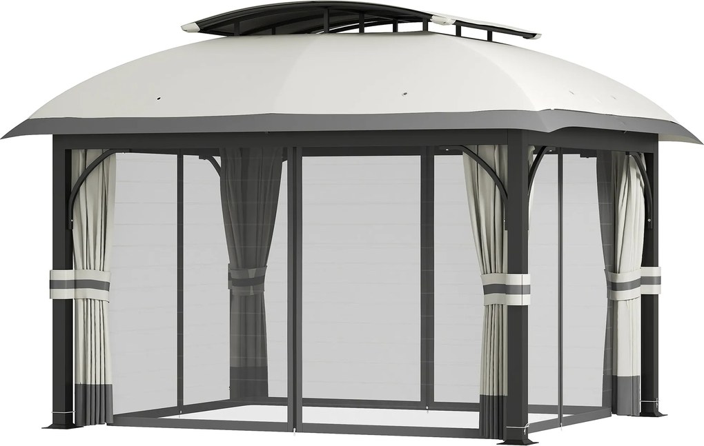 Outsunny Pavilón s Dvojitou Střechou, 4x3,3m Vodotěsný Pevný Zimní Zahradní Pavilón s Moskytiérou a Bočními Panely, Zahradní Pavilón z Pozinkovaného K