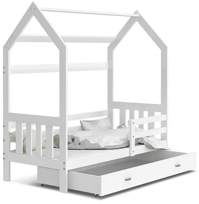 BabyBeds Dětská postel domeček se zábranou a úložným prostorem bílá Velikost postele: 160x80 cm, Barva šuplíku: Modrá