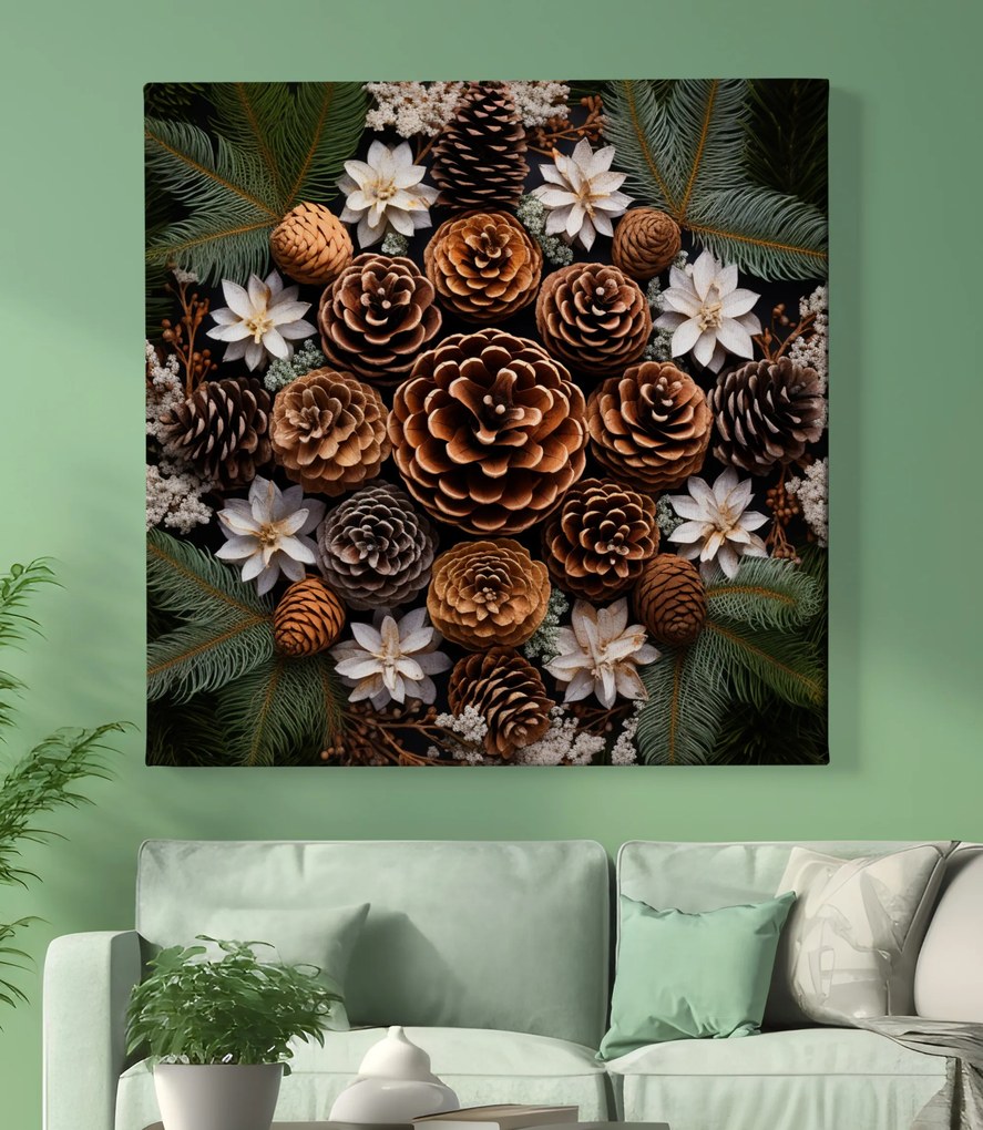 Obraz na plátně - Mandala šišky a větvičky FeelHappy.cz Velikost obrazu: 80 x 80 cm