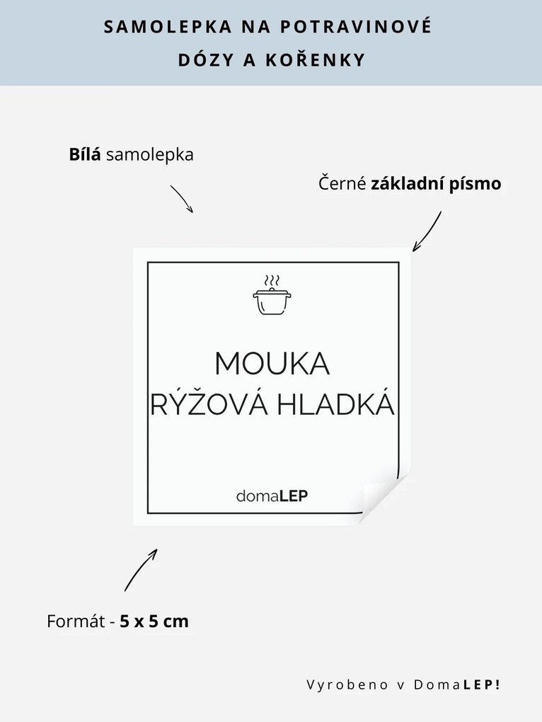 MOUKA RÝŽOVÁ HLADKÁ– průhledná samolepka na dózu, základní písmo, 5 × 5 cm | DomaLEP