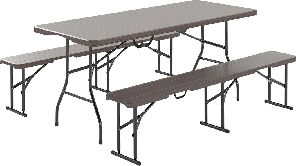 Sada skládacího campingového stolu a lavic Outsunny - 3 díly, zahrnující 1 stůl 180x74x74 cm a 2 voděodolné lavičky s dřevěným efektem, ideální na kem