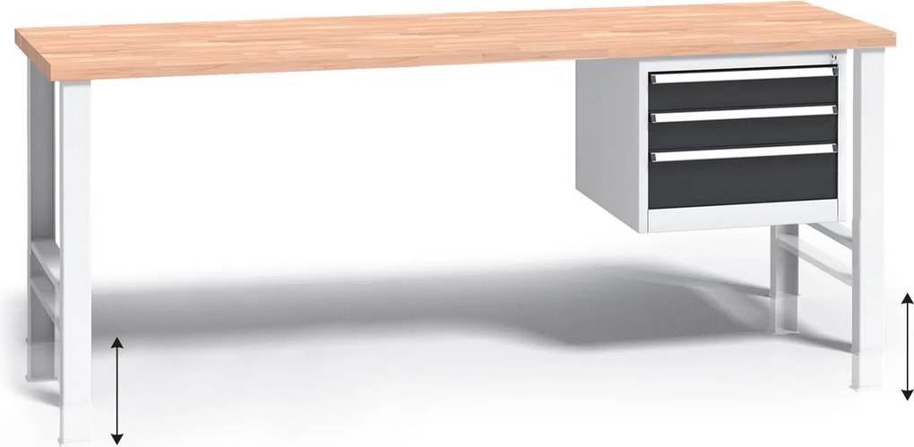Výškově nastavitelný pracovní stůl do dílny G3 se závěsným boxem na nářadí, buková spárovka, 3 zásuvky, 2000 x 685 x 840 - 1050 mm, grafit