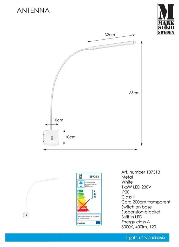 Bílé nástěnné svítidlo Markslöjd Antenna 1L