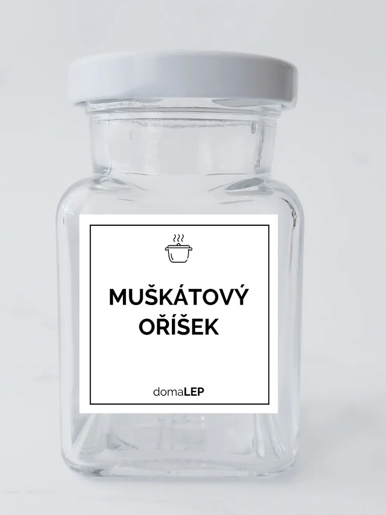 Samolepka na kořenky MUŠKÁTOVÝ OŘÍŠEK bílá 5 × 5 cm tučné písmo