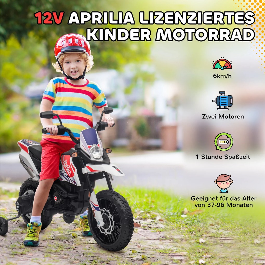 AIYAPLAY dětská elektrická motorka, 12V dětská motorka s hudbou, 6 km/h dětské vozidlo s odnímatelnými tréninkovými koly, 12palcové plastové pneumati…