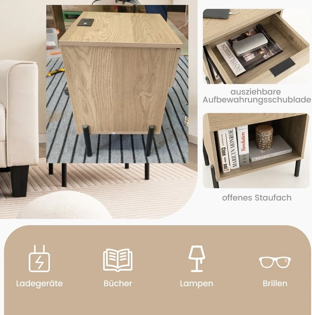 Costway Sada 2 moderních nočních stolků s nabíjecí stanicí a zásuvkou