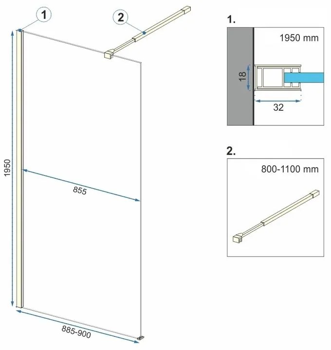 Bezrámová sprchová zástěna REA AERO 90 cm, zlatá