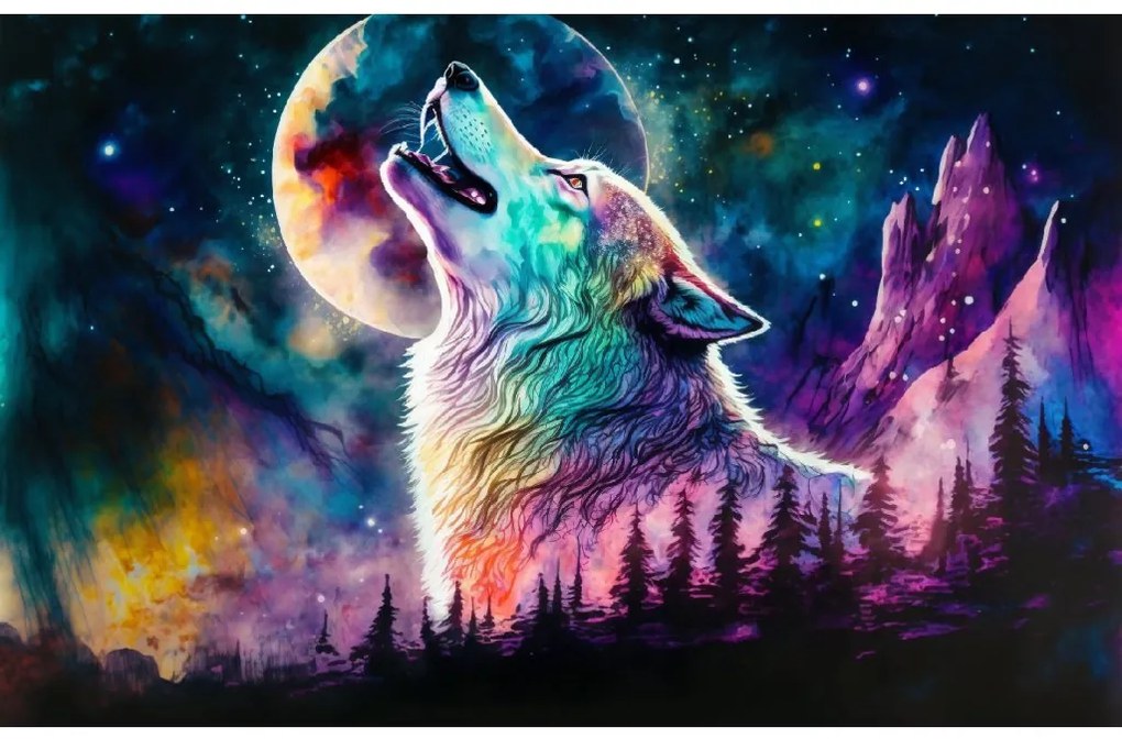 Plakát - Vlk vyjící na měsíc, akvarel FeelHappy.cz Velikost plakátu: A2 (42 x 59,7 cm)