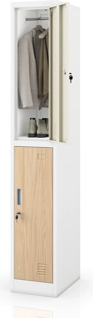 Šatní skříňka BHP, zaměstnanecká, jednotlivá, 2 schránky s tyčí, bílá/dub sonoma, 316,5x1850x450 mm: IGOR 1 Plus Eco Design