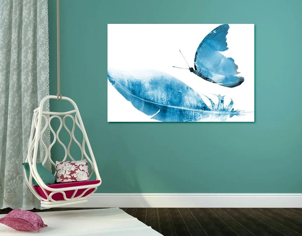 Obraz pírko s motýlem v modrém provedení Varianta: 90x60