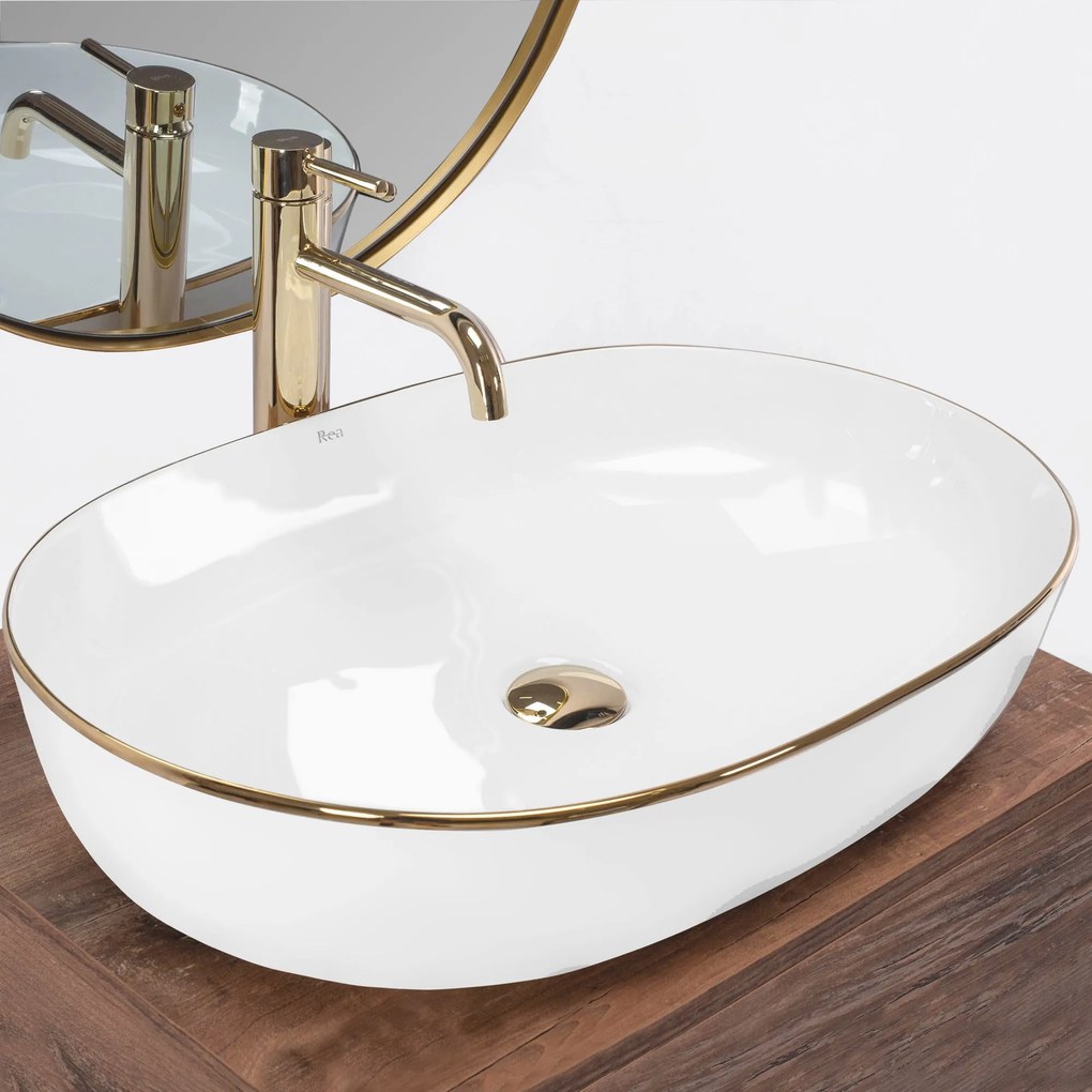 Rea Cleo, umyvadlo na desku 605x410x140mm, bílá se zlatým okrajem, REA-U6211