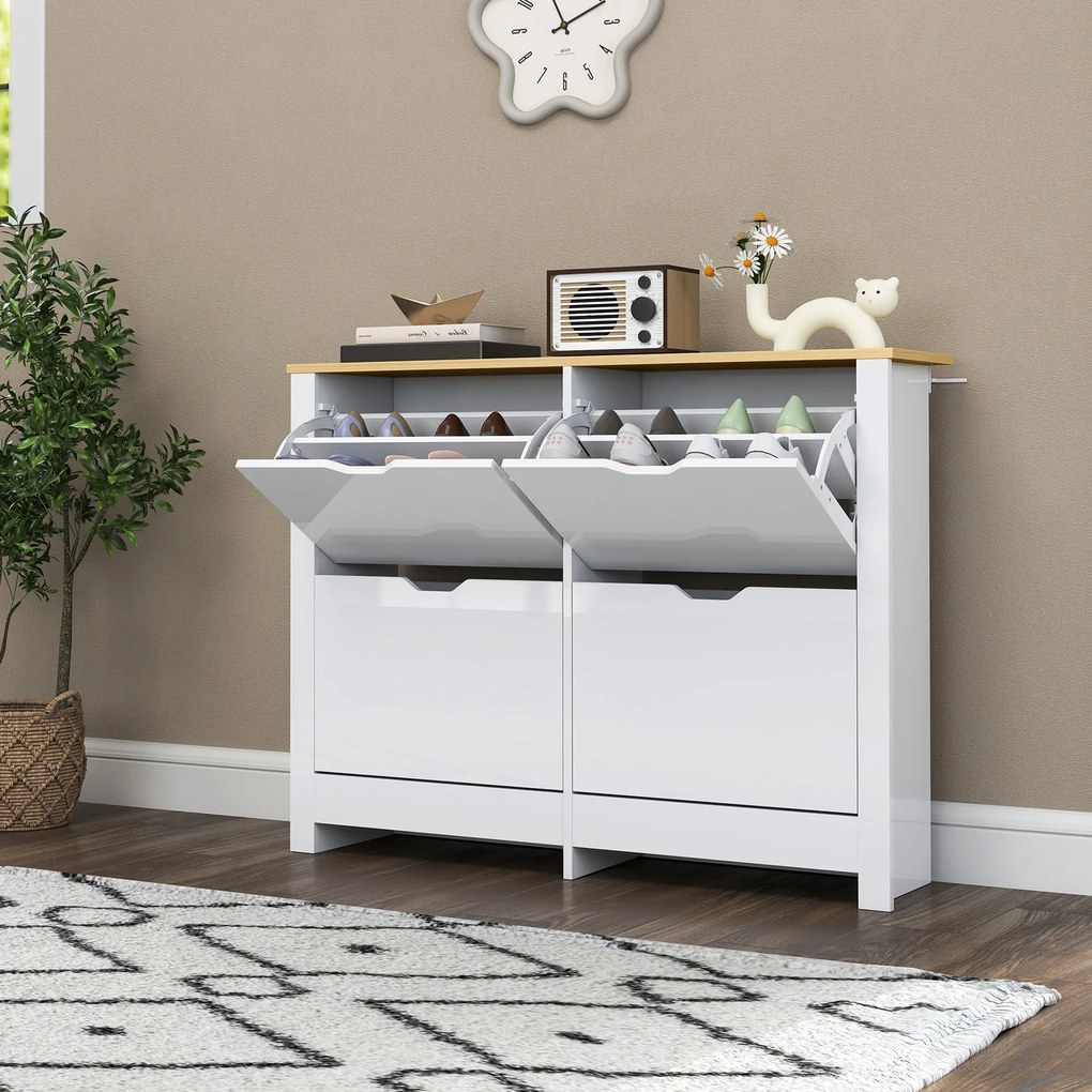 HOMCOM úzký botník s 4 výklopnými přihrádkami – úsporný regál na boty až pro 16 párů, 105 × 26 × 80 cm (bílá / přírodní)