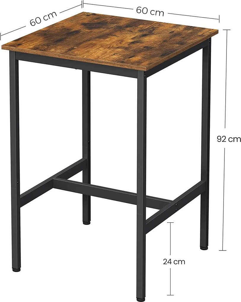 Hranatý vysoký barový stůl 60 x 60 x 90 cm, rustikální hnědý a černý