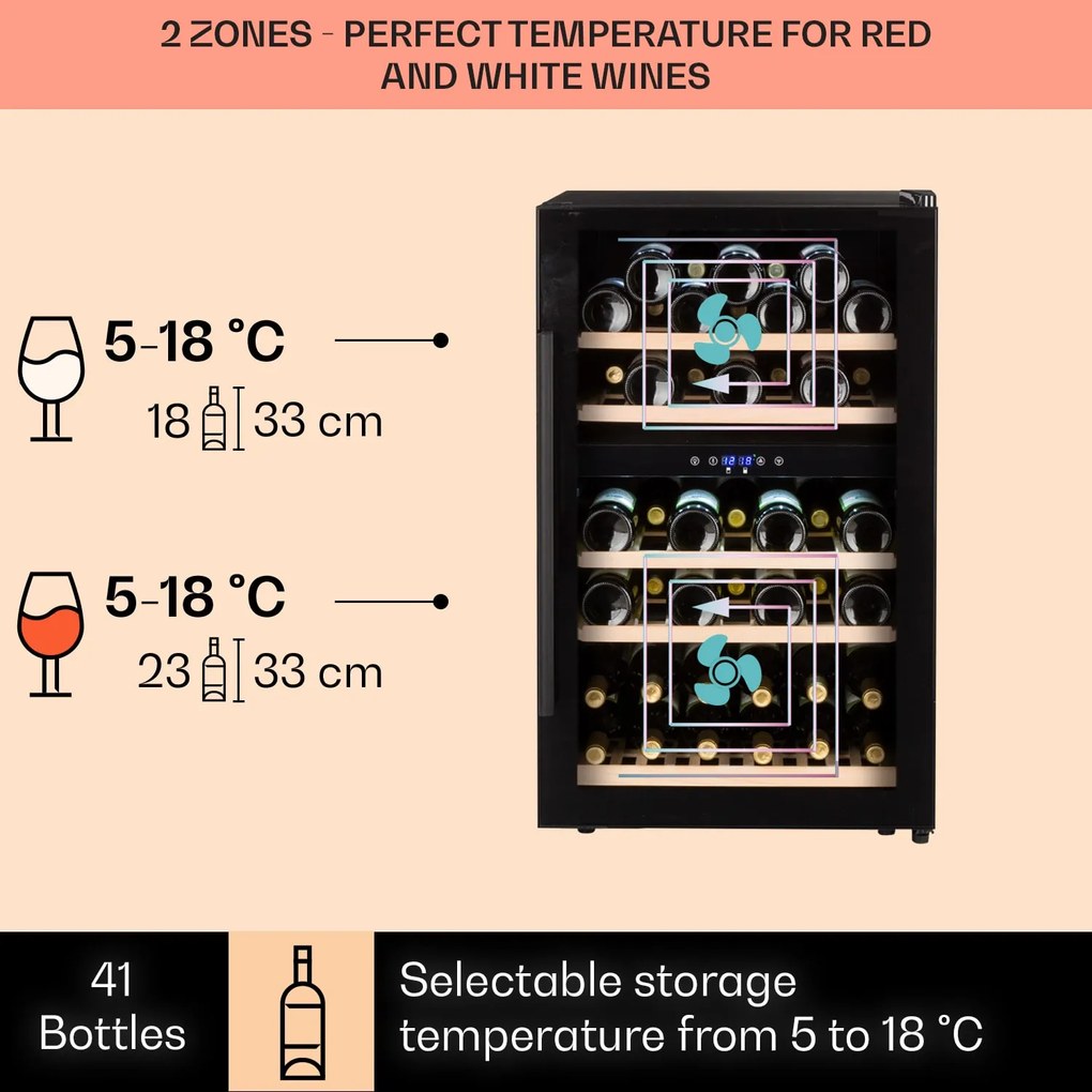 Klarstein Barossa 40D, vinotéka, 135 l/41 lahví, 2 zóny, skleněné dveře, dotykové ovládání
