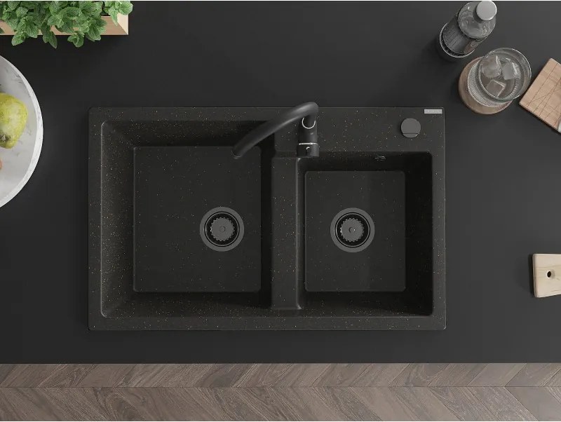 Mexen Tomas, granitový dřez 800x500x190 mm, 2-komorový, černá-zlatá metalíza s černým sifonem, 6516802000-75-B