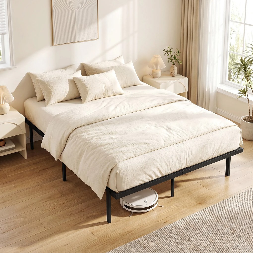 HOMCOM kovový rám postele s úložným prostorem pod postelí, výška 35,5 cm, laťkový rošt, tichý design — bez boxspringu, snadná montáž — 140 × 200 cm, …