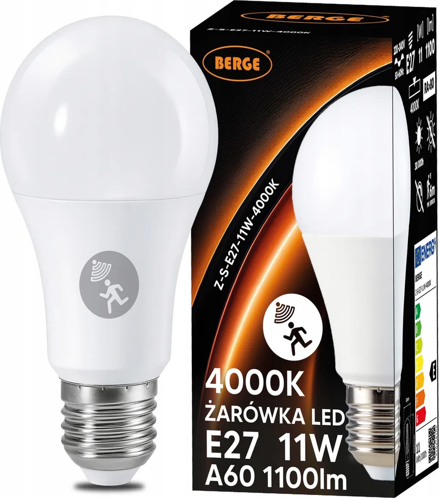 BERGE LED žárovka E27 - 11W - s mikrovlnným senzorem pohybu a soumraku - neutrální bílá