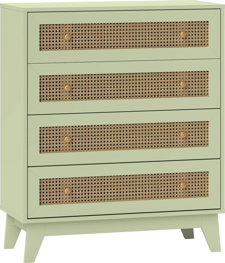 HOMCOM komoda se 4 zásuvkami, úložný prostor s ratanovým vzorem, světle dřevěná optika, 80 x 35 x 95 cm, zelená